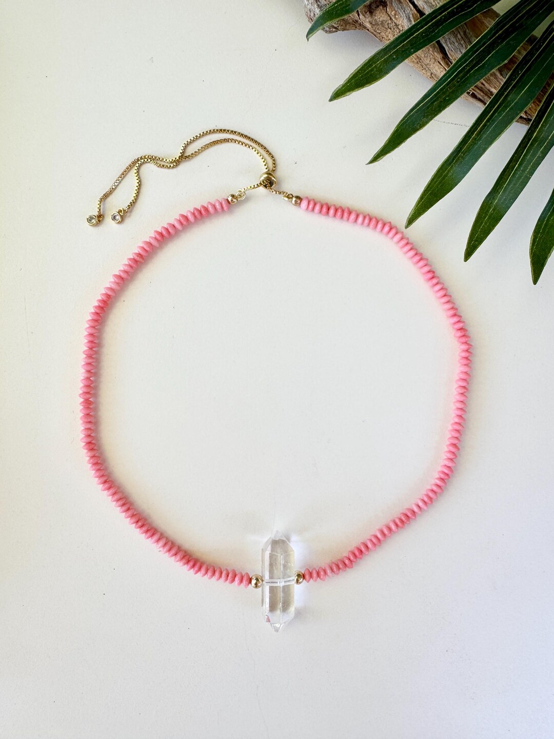 Pink Coral and Quartz Crystal Adjustable Necklace - Molly Necklace - Etsy