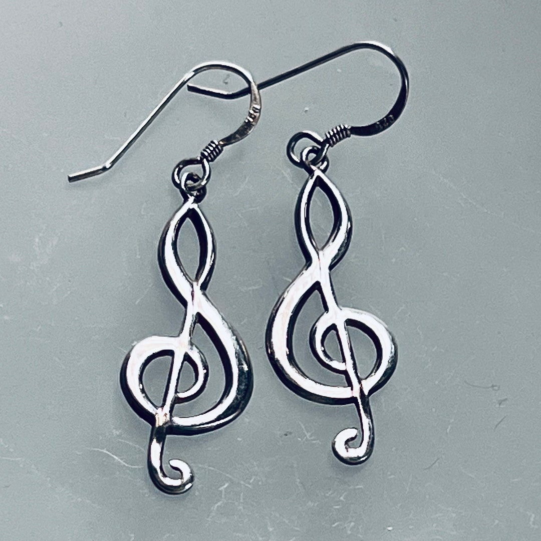 Dangling Treble Clef Music Note Hanging Earrings Sterling Silver From ...