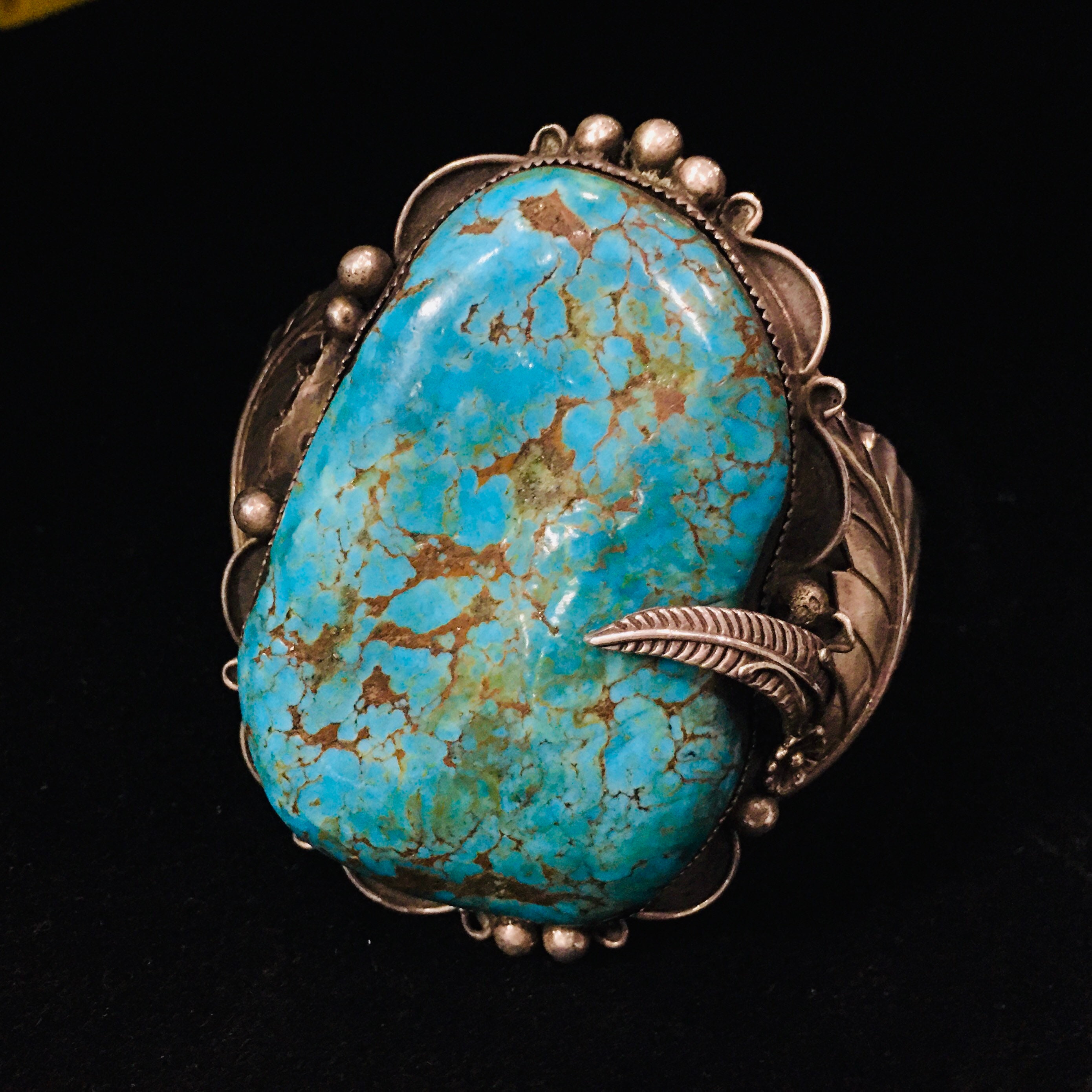 Huge Antique Bracelet Turquoise Stone Cuff Bracelet Set in Sterling ...