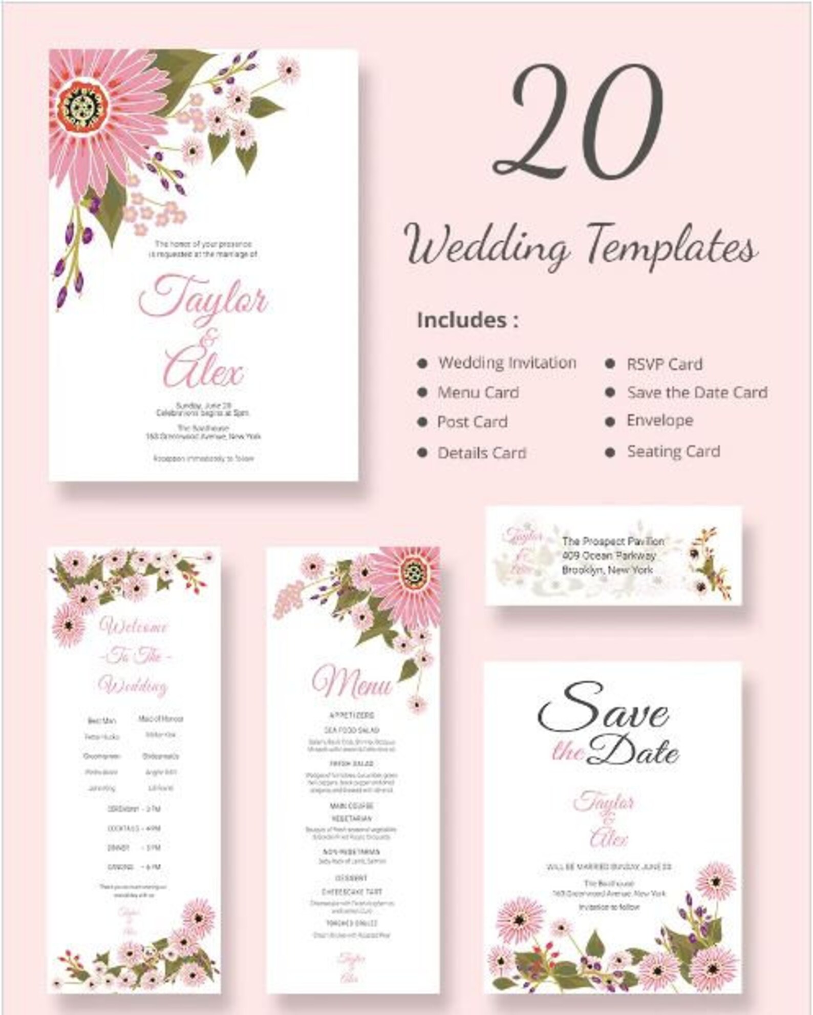 Editable Floral Wedding Templates includes 20 Designs in MS - Etsy