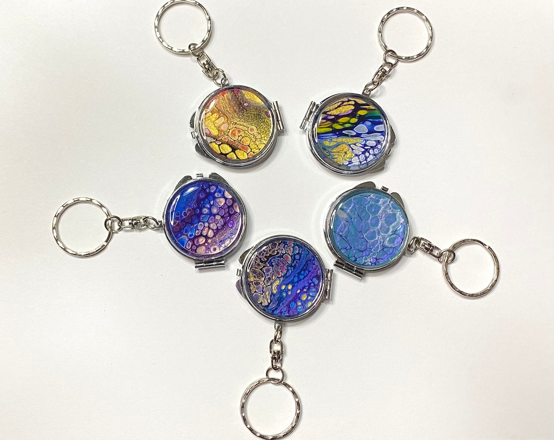 Adorable Mini Mirror Compact Keychains With Handmade Paint Pour Inlay ...