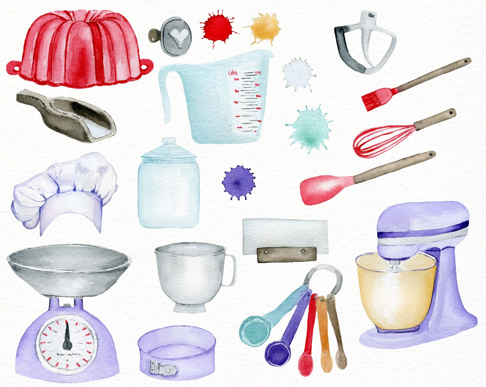 Baking Supplies Watercolor Clipart, Hand Drawn Bakery Logo Design ...