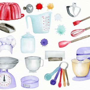 Baking Supplies Watercolor Clipart, Hand Drawn Bakery Logo Design ...
