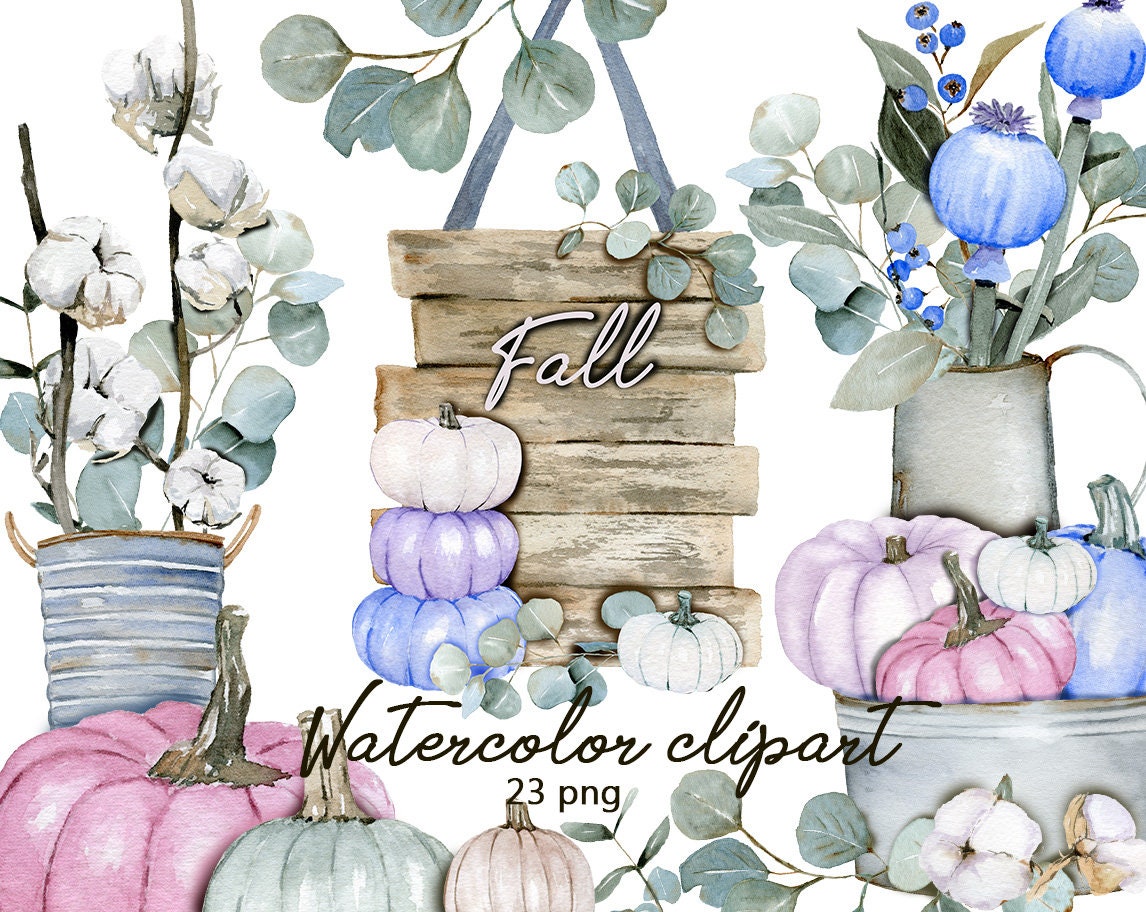 Watercolor Fall Collection Bundle Clipart. Pastel Water Color Сotton ...