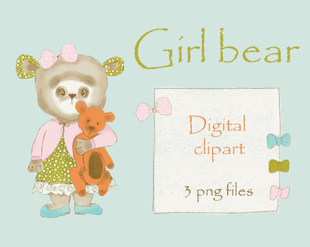 Digital Cute Girl Bear Clipart, Illustration Graphic, Invitation Clip ...