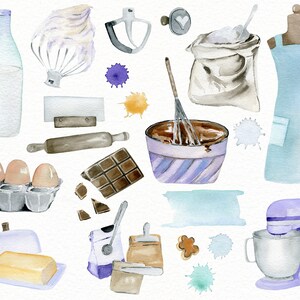 Kitchen Set Watercolor Clipart, Hand Drawn Bakery Logo Design, Cooking ...