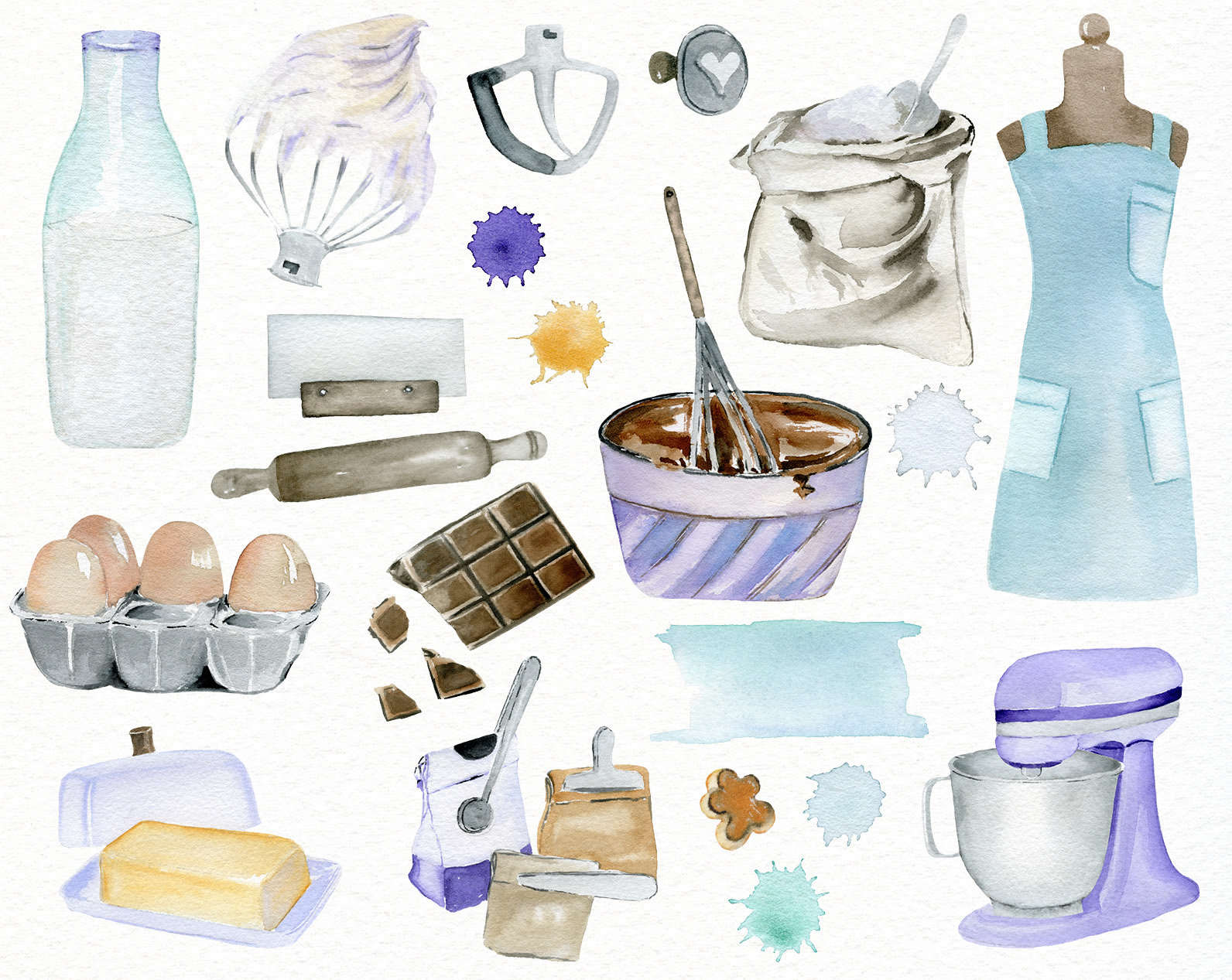 Kitchen Set Watercolor Clipart, Hand Drawn Bakery Logo Design, Cooking ...