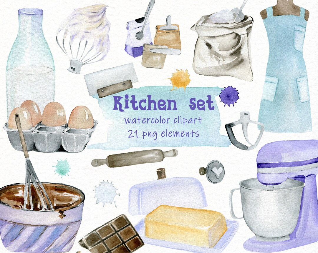 Kitchen Set Watercolor Clipart, Hand Drawn Bakery Logo Design, Cooking ...