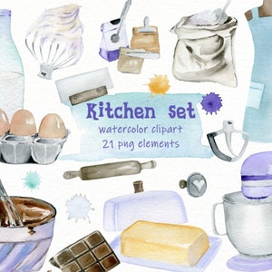 Kitchen Set Watercolor Clipart, Hand Drawn Bakery Logo Design, Cooking ...