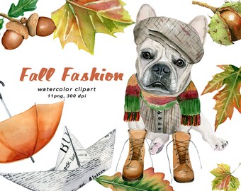 Watercolor dog clipart traveling clip art French bulldog | Etsy
