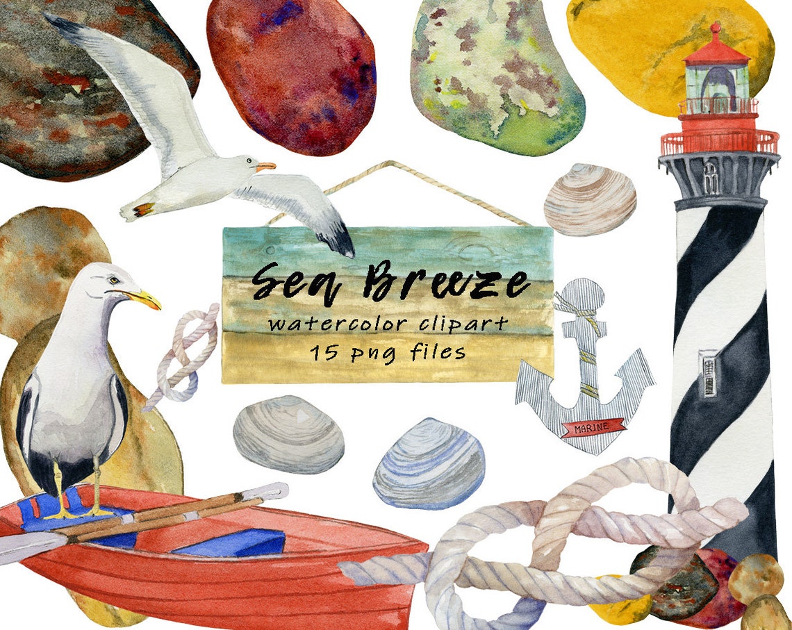 Watercolor digital nautical clipart water color sea elements | Etsy