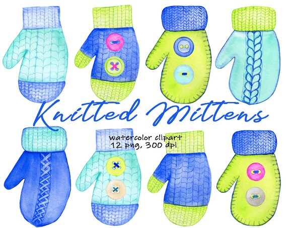 Watercolor Winter Digital Clip Art Knitted Mittens New Year | Etsy