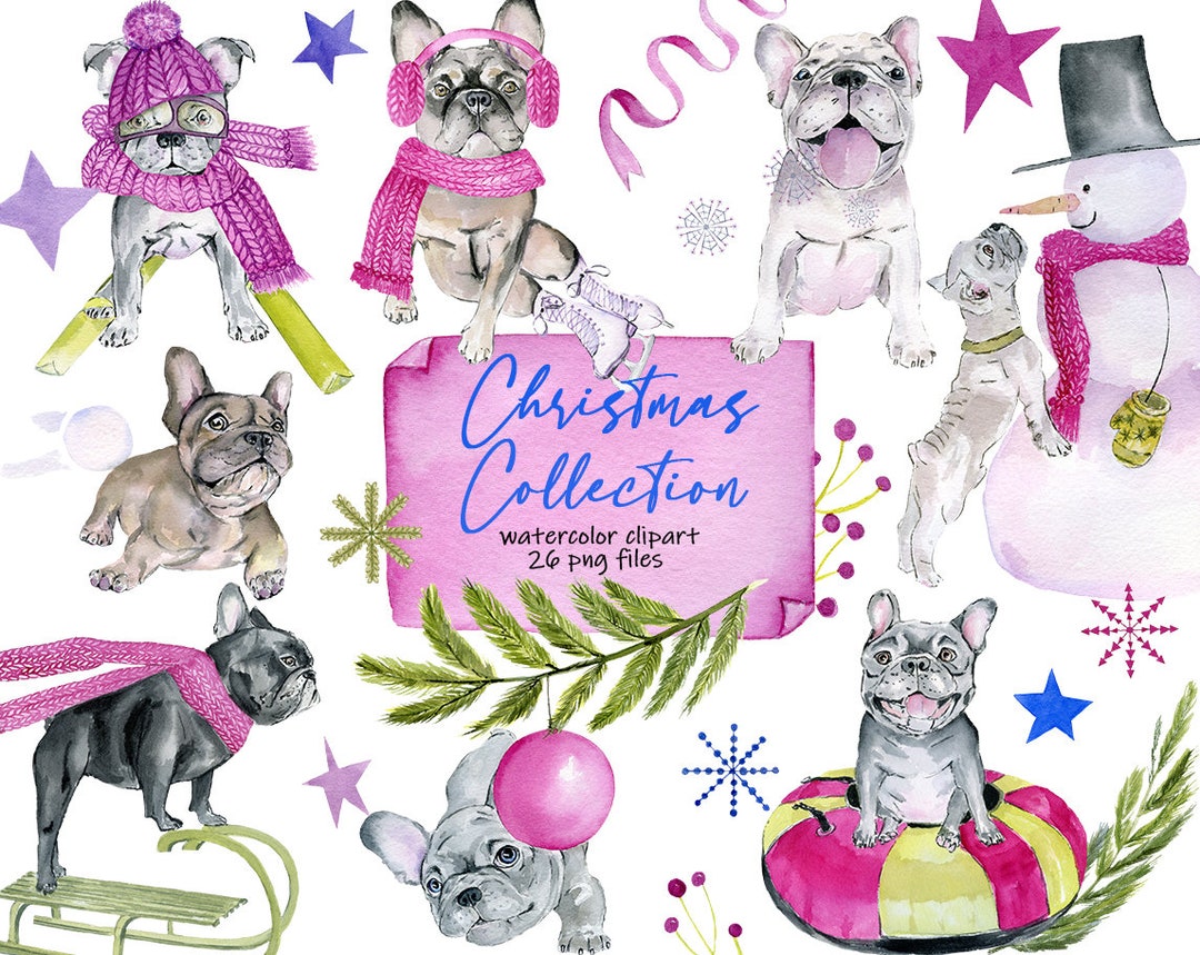 Aquarell Hund Clipart, Spaß Weihnachten französische Bulldogge Sammlung ...
