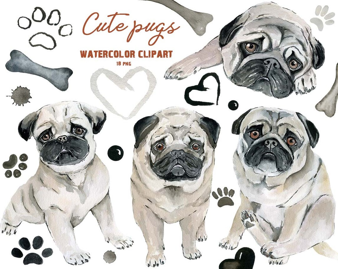 Watercolor Pugs Clipart, Cute Dog Clipart, Pugs Png, Water Color Dog ...