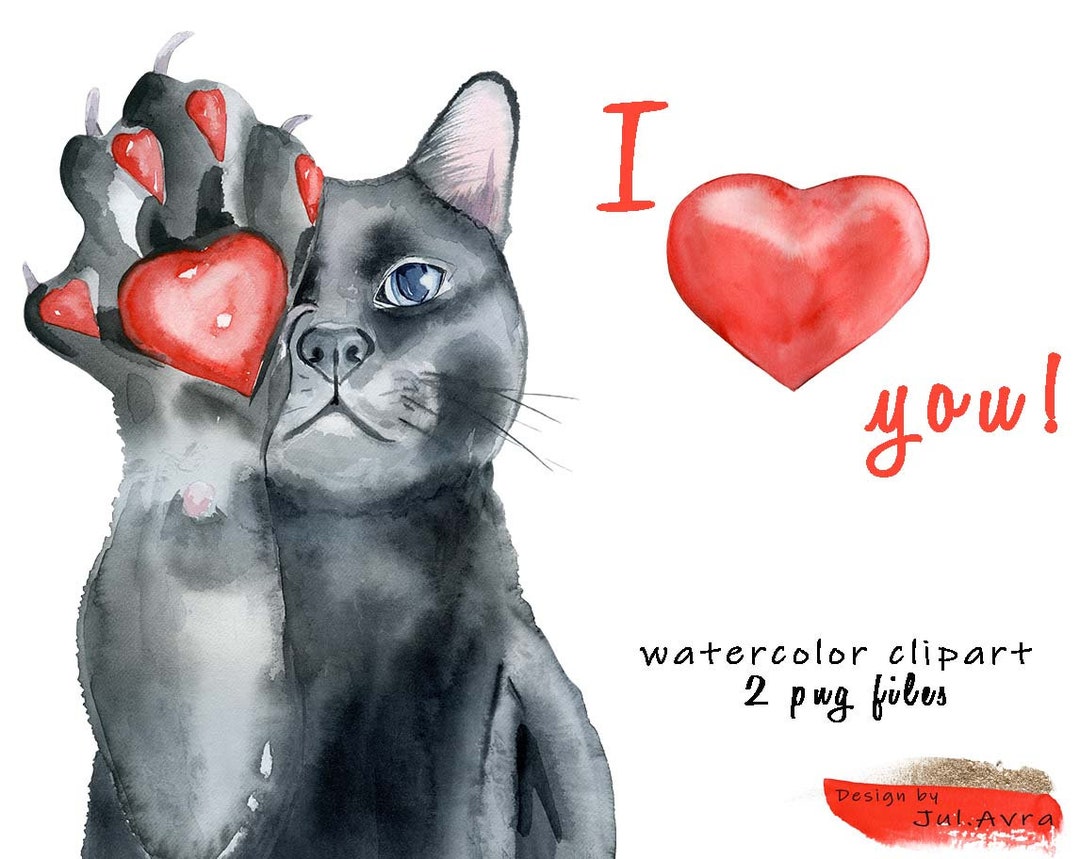 Cute Watercolor Valentine's Day Clipart Cat With Heart Png, Modern ...