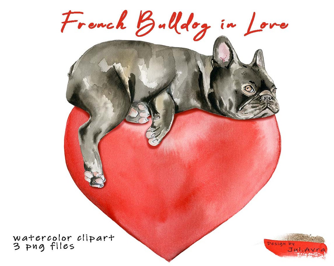 Watercolor Valentine's Day Clipart French Bulldog on Heart - Etsy