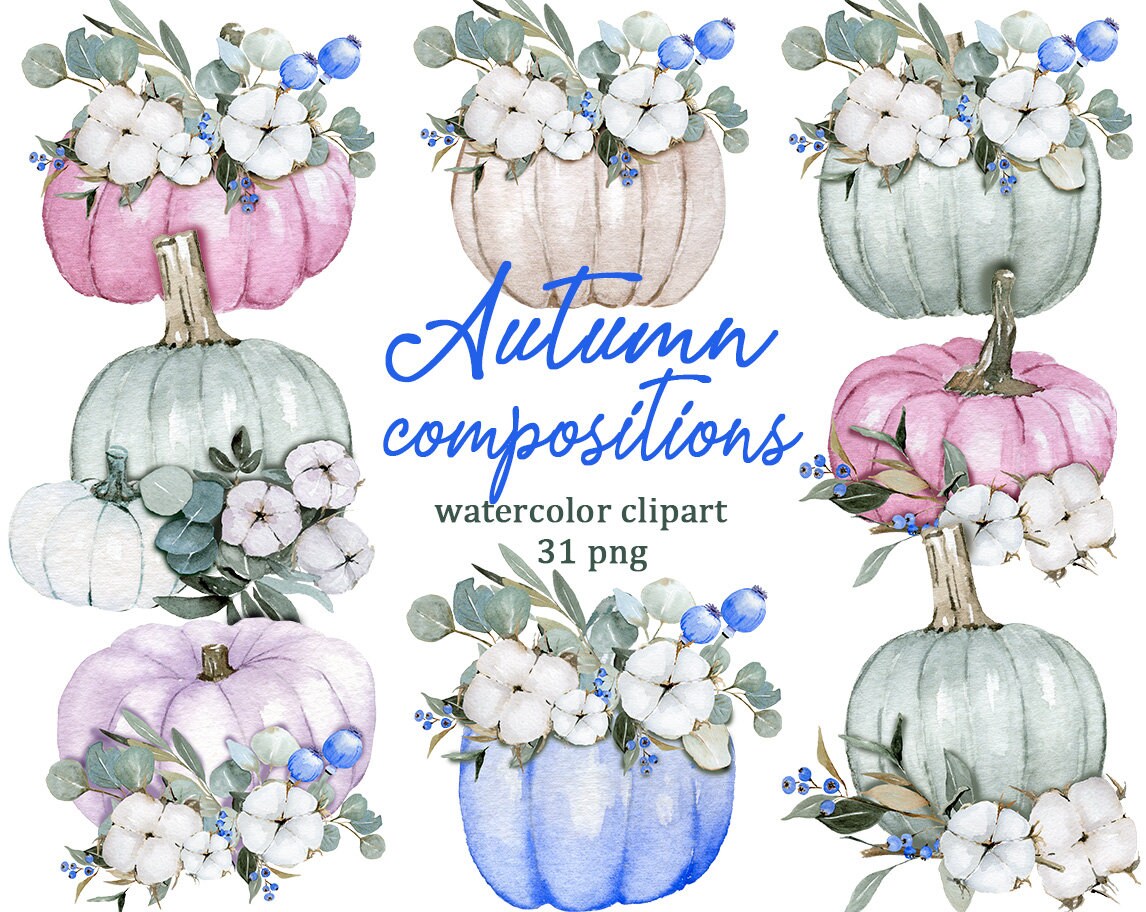 Watercolor Fall Collection Bundle Clipart. Pastel Water Color Сotton ...