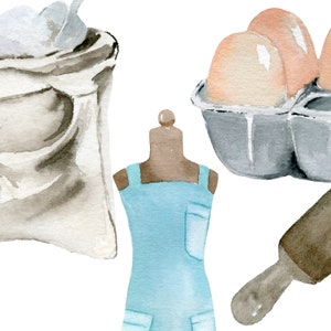 Kitchen Set Watercolor Clipart, Hand Drawn Bakery Logo Design, Cooking ...