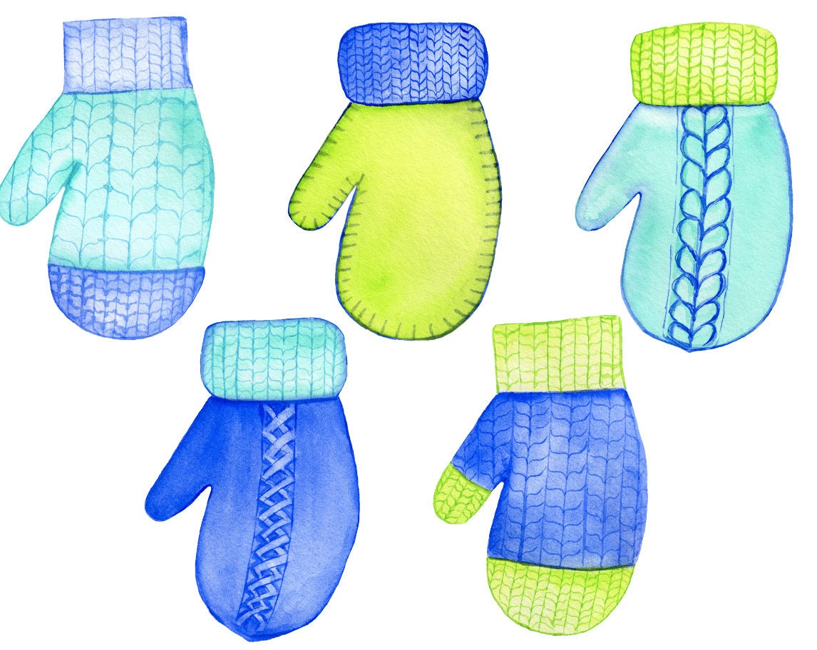 Watercolor Winter Digital Clip Art Knitted Mittens, New Year Graphics ...