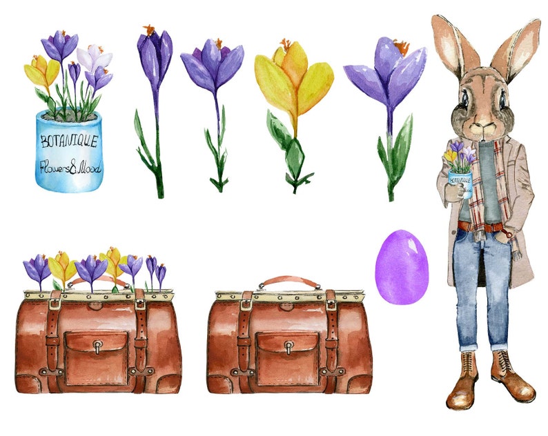Modern Easter Watercolor Clipart, Spring Easter Hipster Rabbits, Hand ...