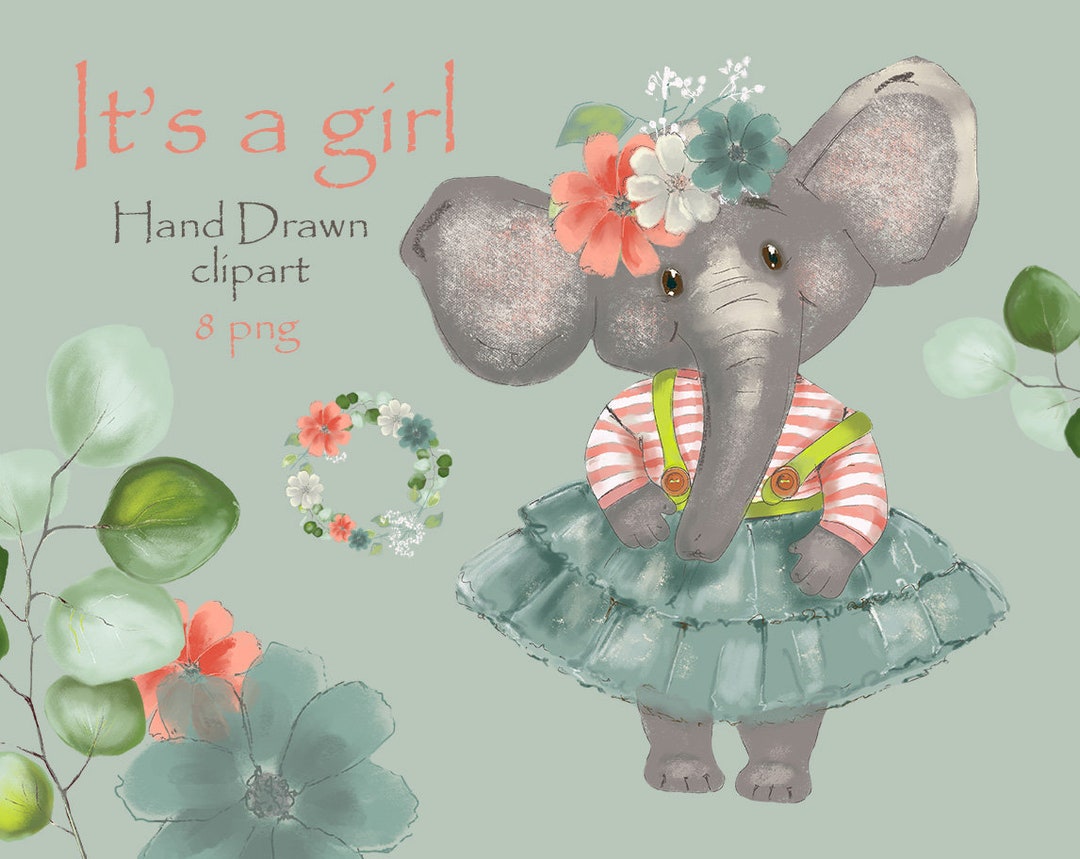 Hand Drawn Cute Girl Elephant Clipart, Illustration Graphic, Invitation ...