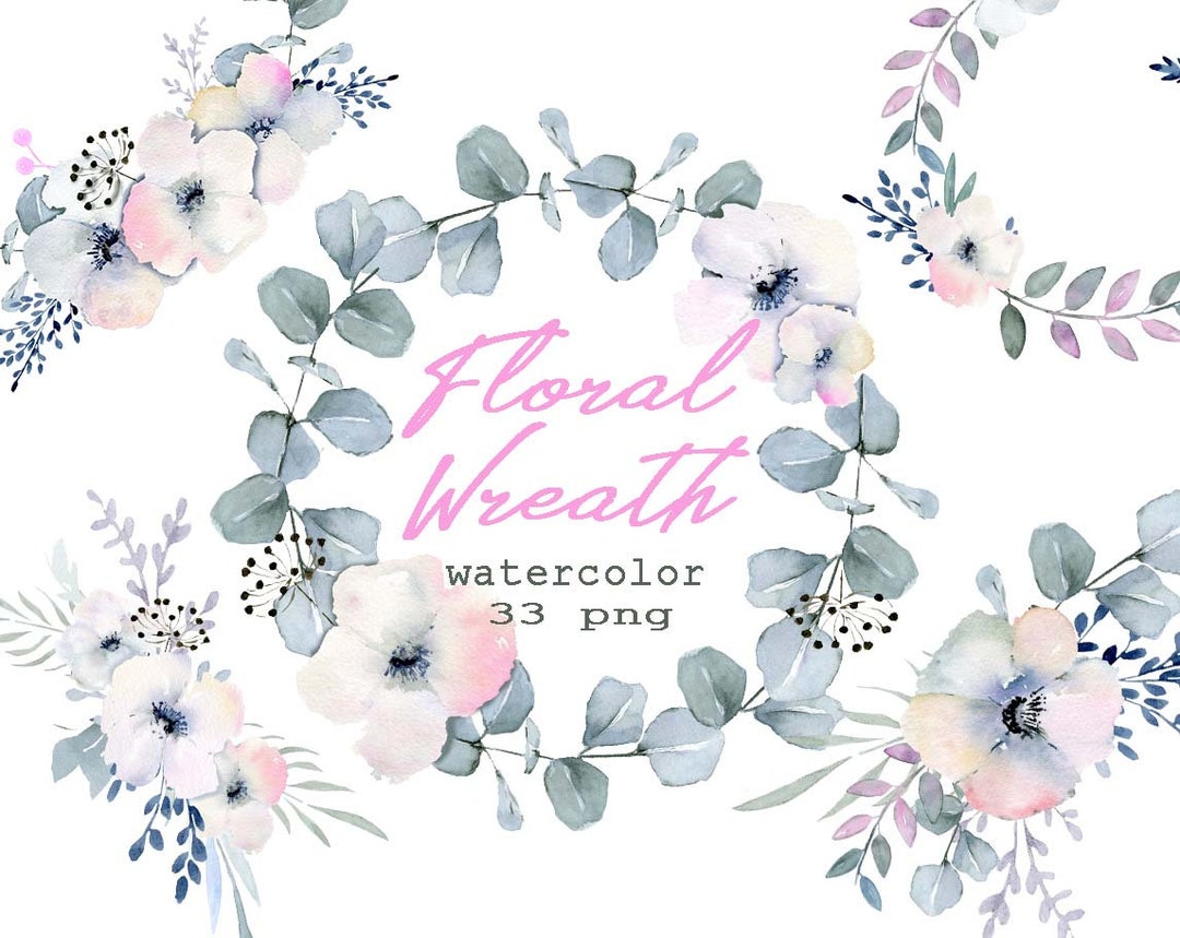 Watercolor Floral Eucalyptus Wreaths Clipart, Pastel Water Color Garden ...