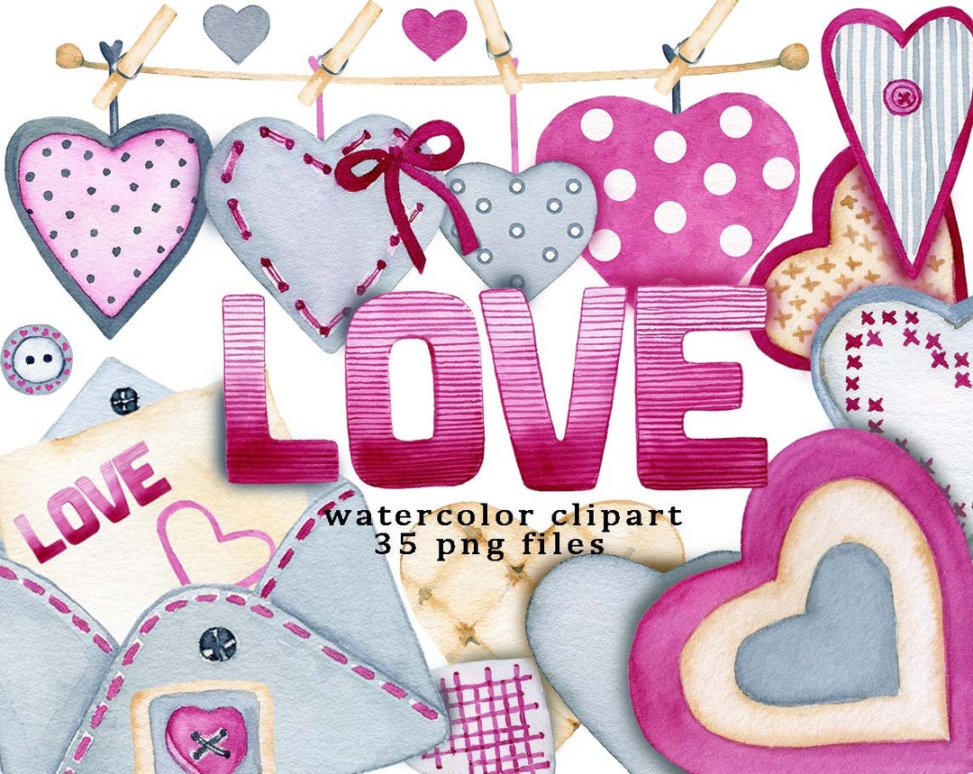 Watercolor Digital Valentine's Day Clipart, Pink Blue Hearts Png, Water ...