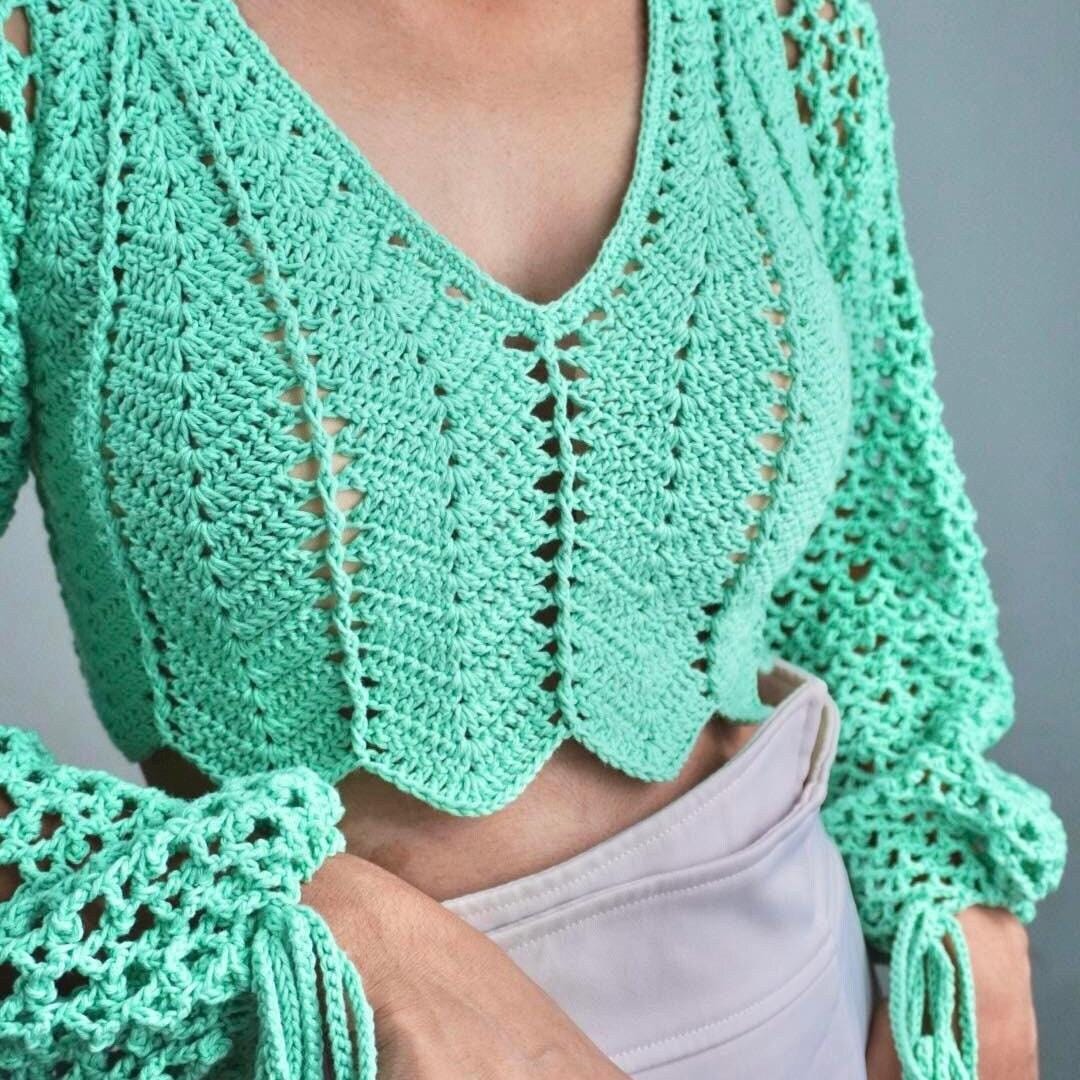 Crochet Top Pattern PDF – Long Sleeve Boho Crop Top, Lacy Stitch Women ...