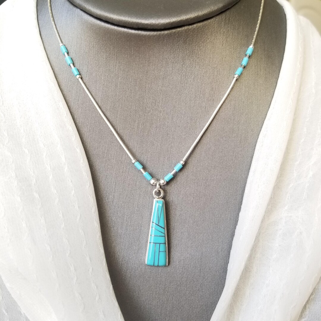 Turquoise Inlay Pendant/ Sterling Liquid Silver Necklace/ Black Stone ...