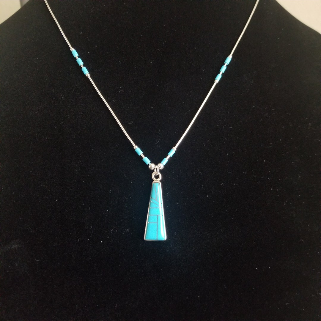 Turquoise Inlay Pendant/ Sterling Liquid Silver Necklace/ Turquoise ...