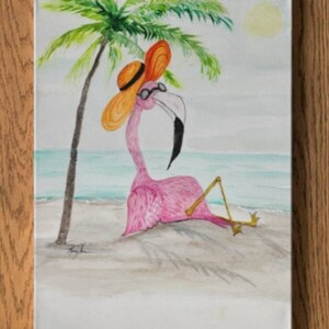 Fun Flamingo With Hat and Sunglasses on the Beach, Original Watercolor ...