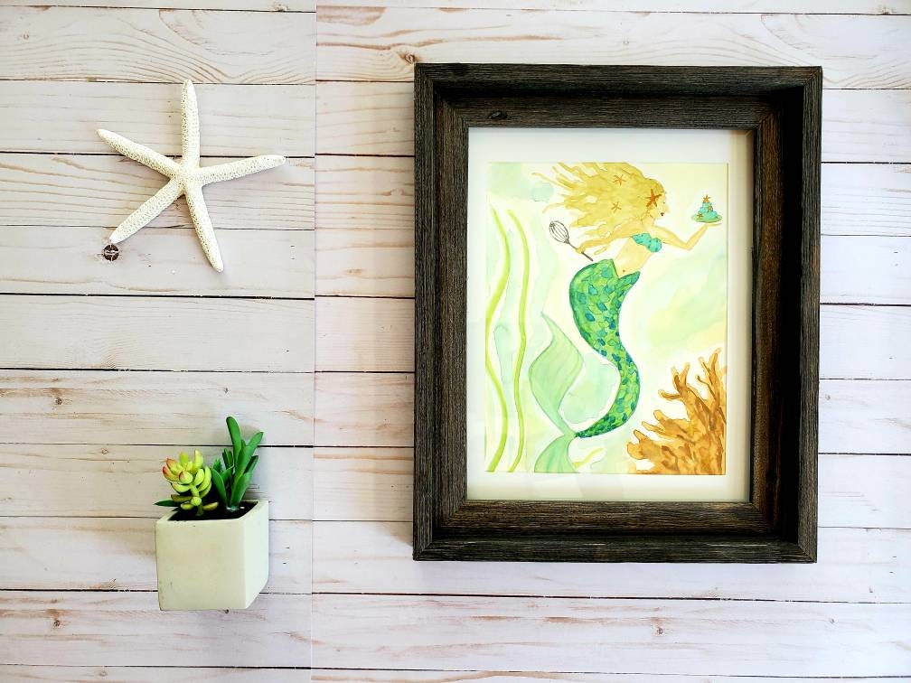 Mermaid Watercolor Painting Kitchen Mermaid Artwork Coastal - Etsy