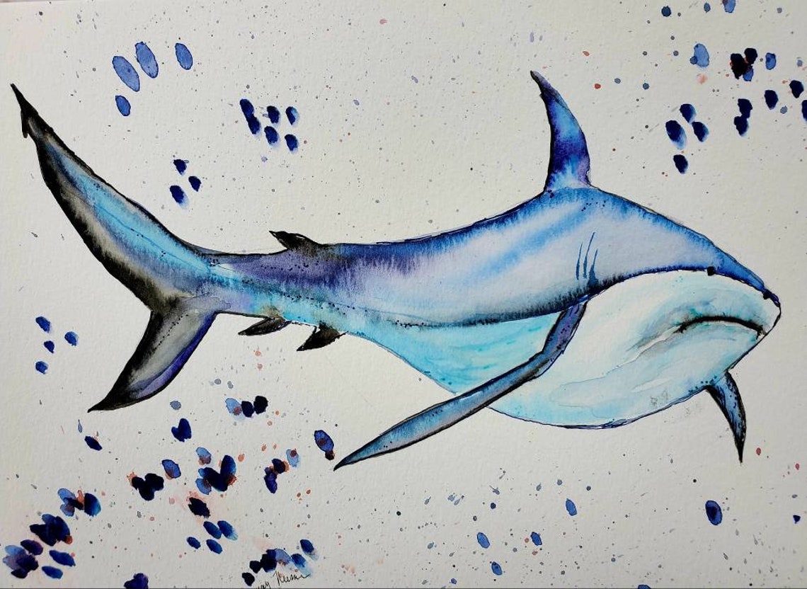 Shark Watercolor Painting, Kids Room Artwork, Sea Life Fine Art, Beach ...