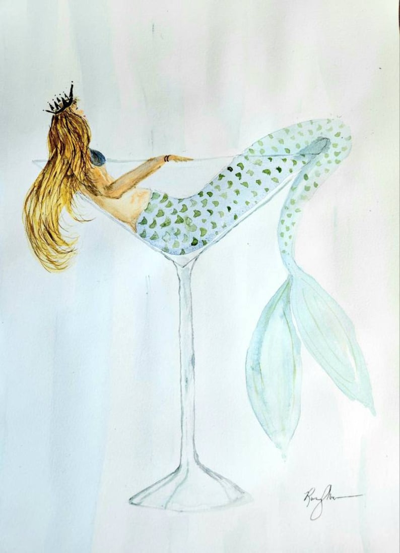 Mermaid Watercolor Print, Mermaid in a Martini Glass, Coastal Living ...