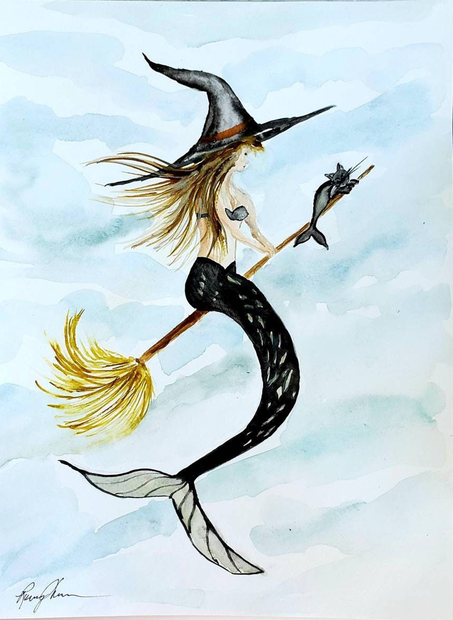 Mermaid Witch Watercolor Halloween Print, Coastal Beach Fall Autumn ...