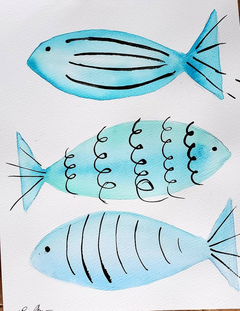 Blue Fish Watercolor Painting, Contemporary Sea Life Fine Art, Lake ...