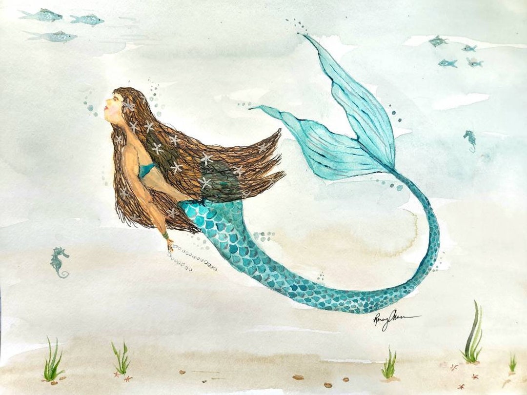 Mermaid With Starfish Watercolor Painting, Coastal Living Room Wall Art ...