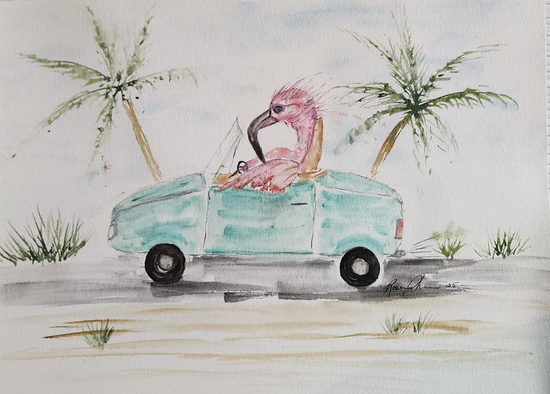 Flamingo Driving a Convertible Original Watercolor Painting, Coastal ...