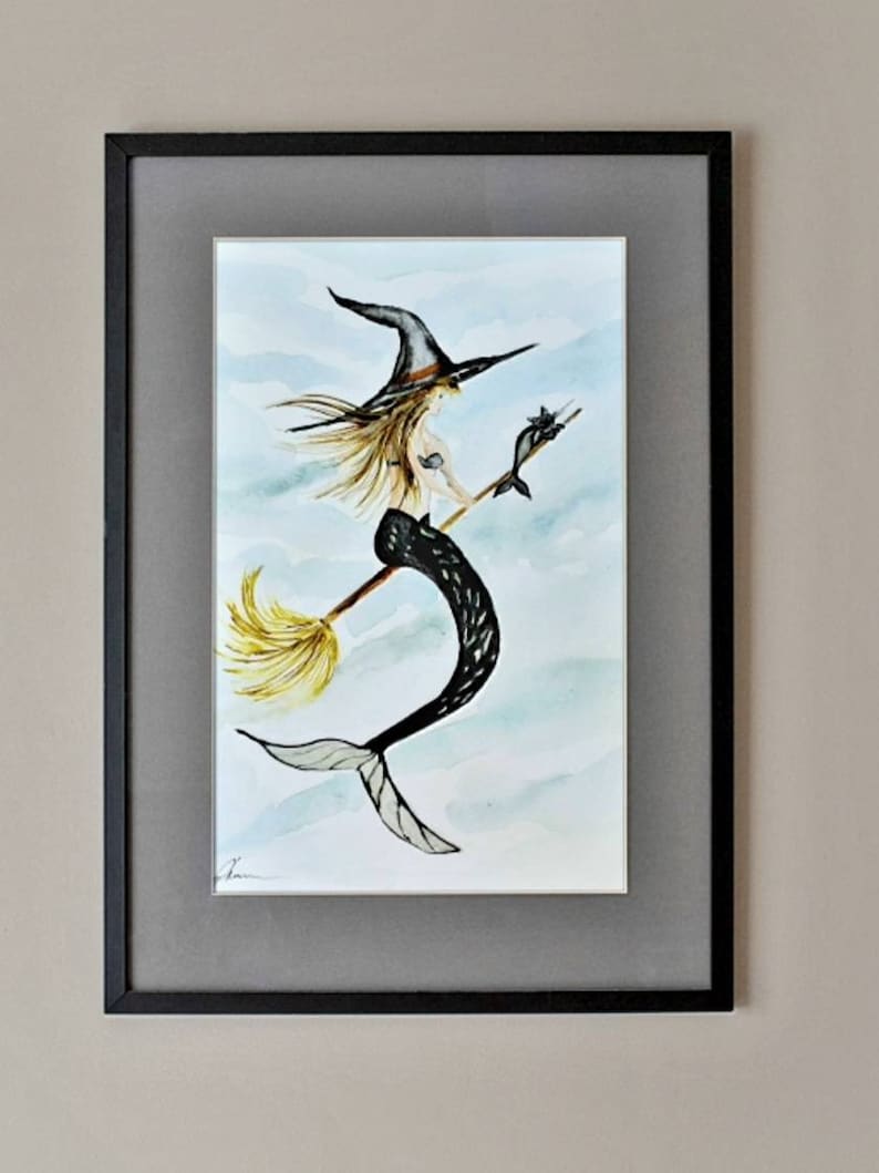 Mermaid Witch Watercolor Halloween Print, Coastal Beach Fall Autumn ...