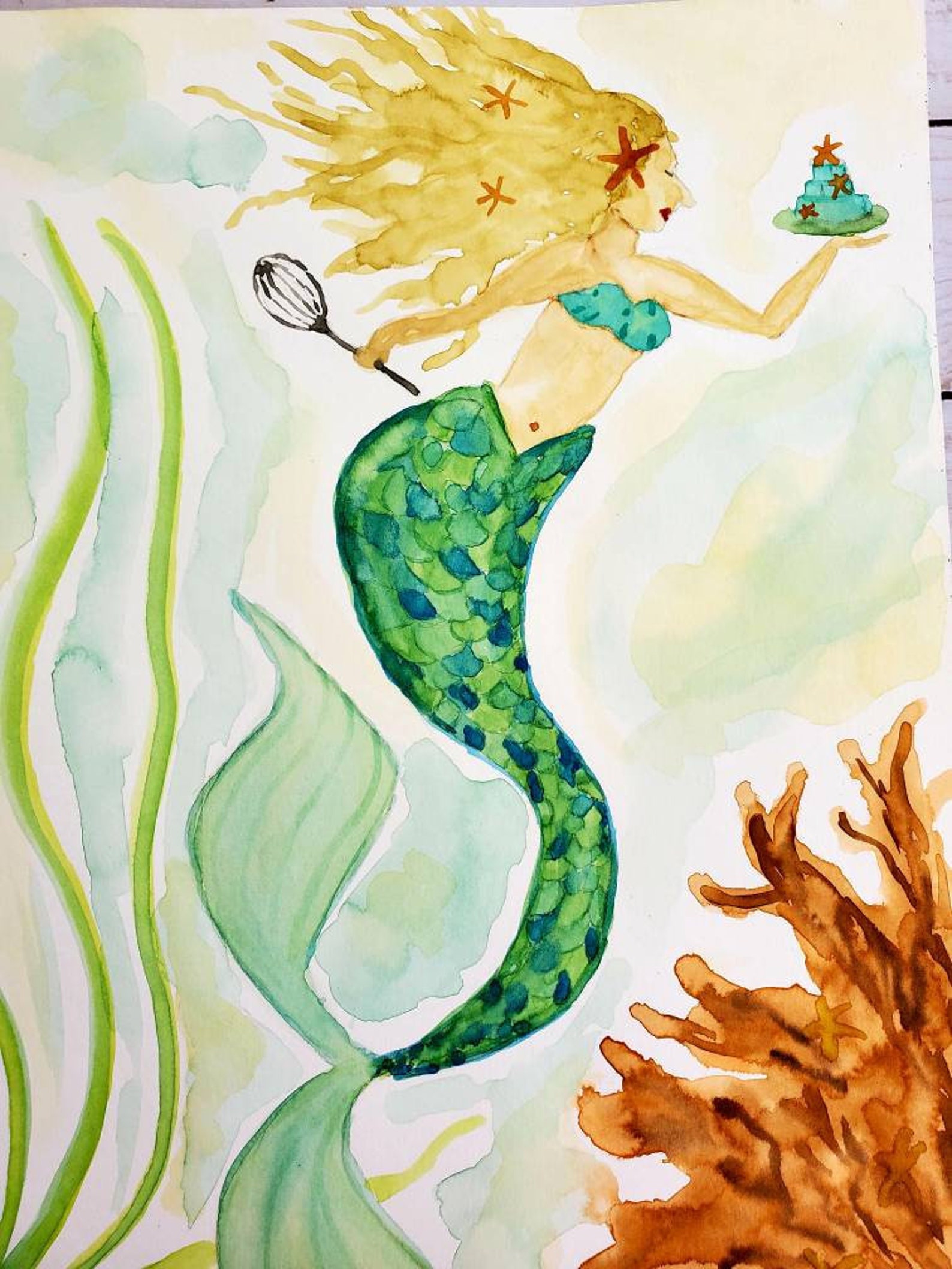 Mermaid Watercolor Painting, Kitchen Mermaid Artwork, Coastal Kitchen ...