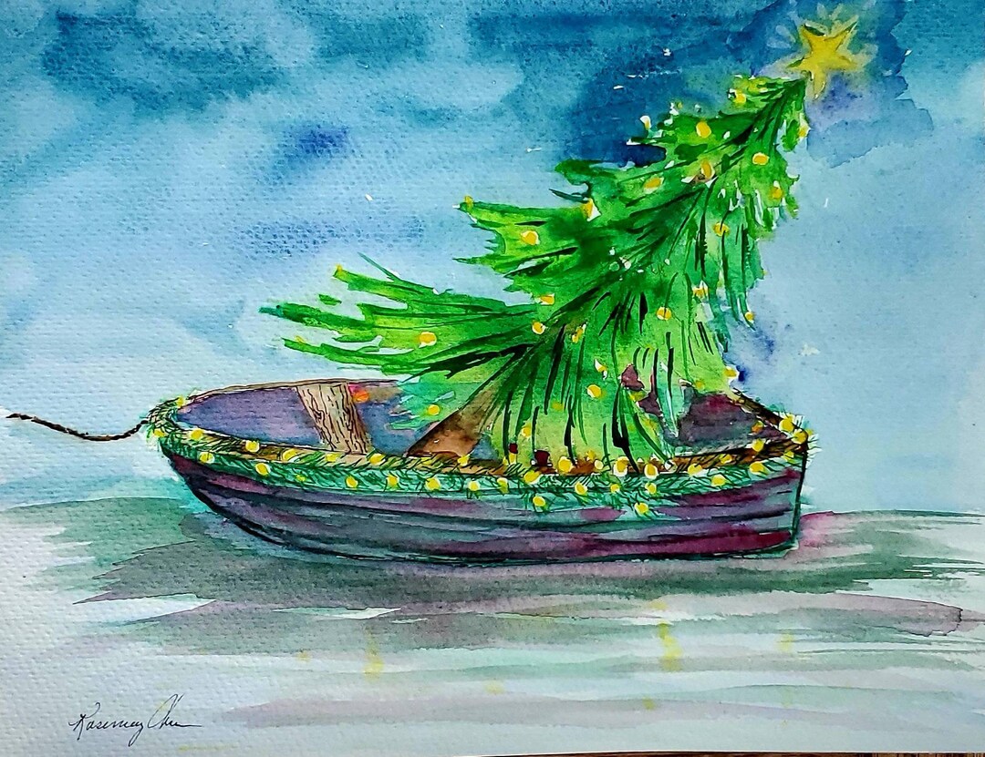Christmas Tree in Row Boat Watercolor Print Blue, Christmas Seascape ...