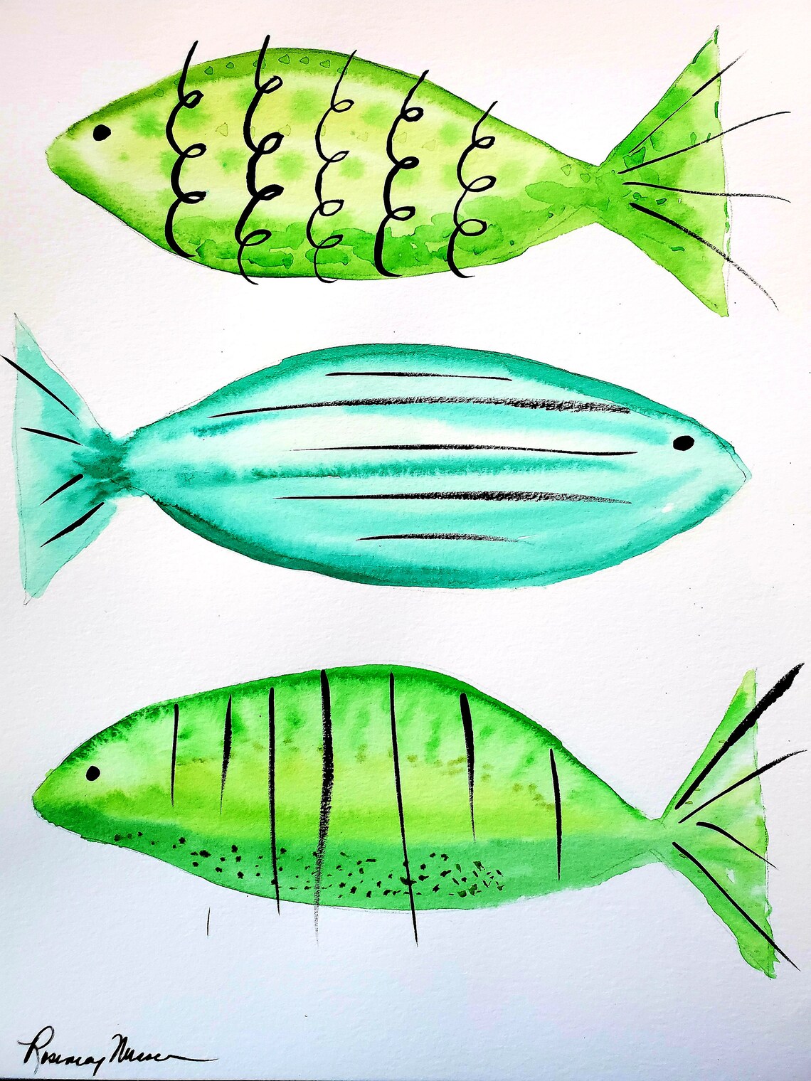 Fun Fish Watercolor Painting Print, Three Blue and Green Fish With ...