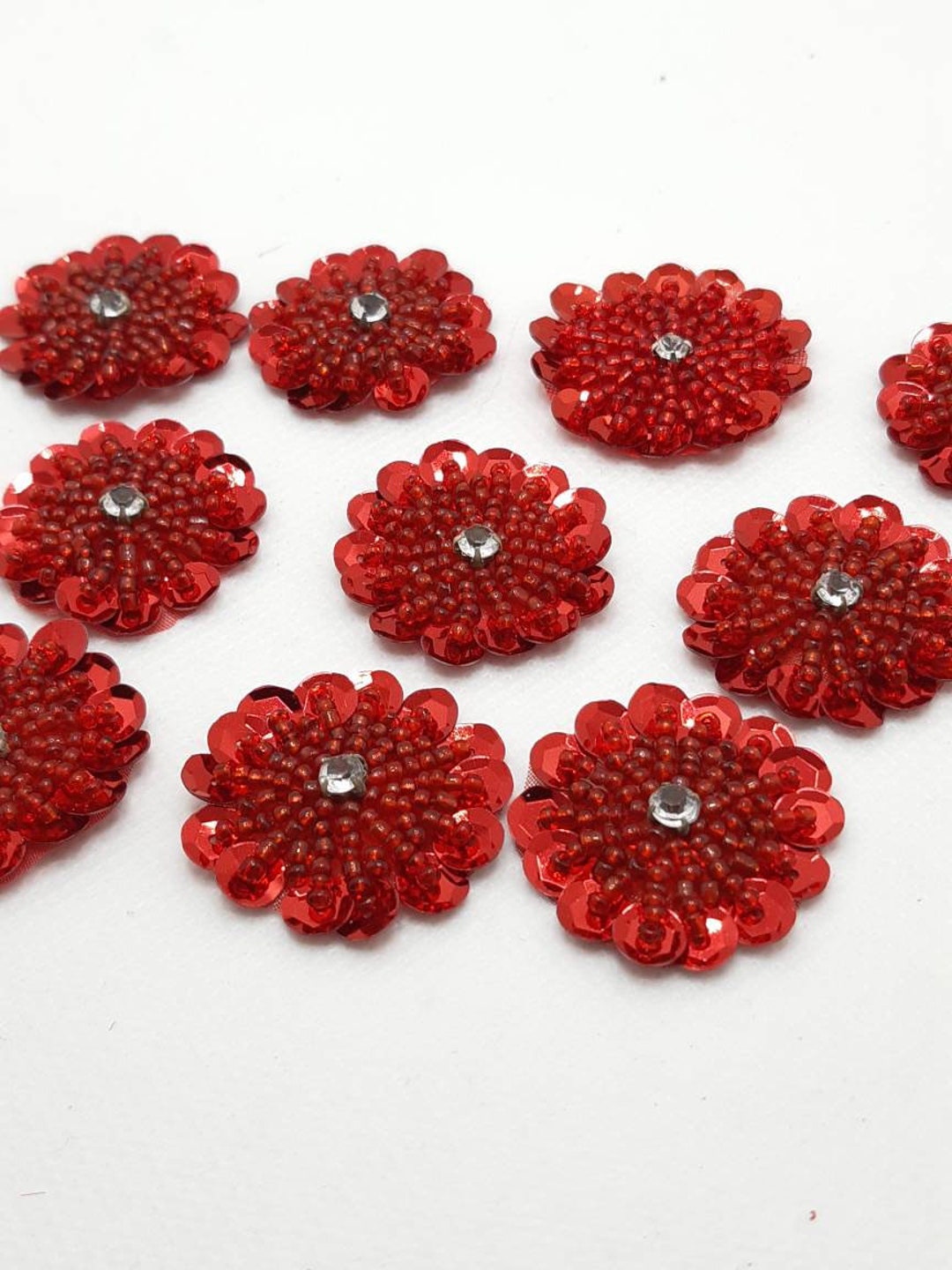 Red Sequin, Beaded, Round Motif, Circular, Pack of 10, Applique, Patch ...