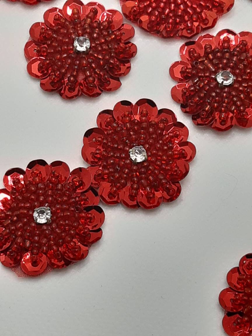 Red Sequin, Beaded, Round Motif, Circular, Pack of 10, Applique, Patch ...