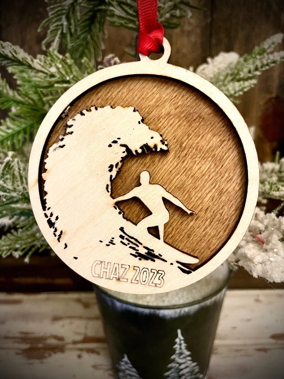 Surfer Surfing 2-layer Personalized Laser Cut Wood Christmas Ornament ...