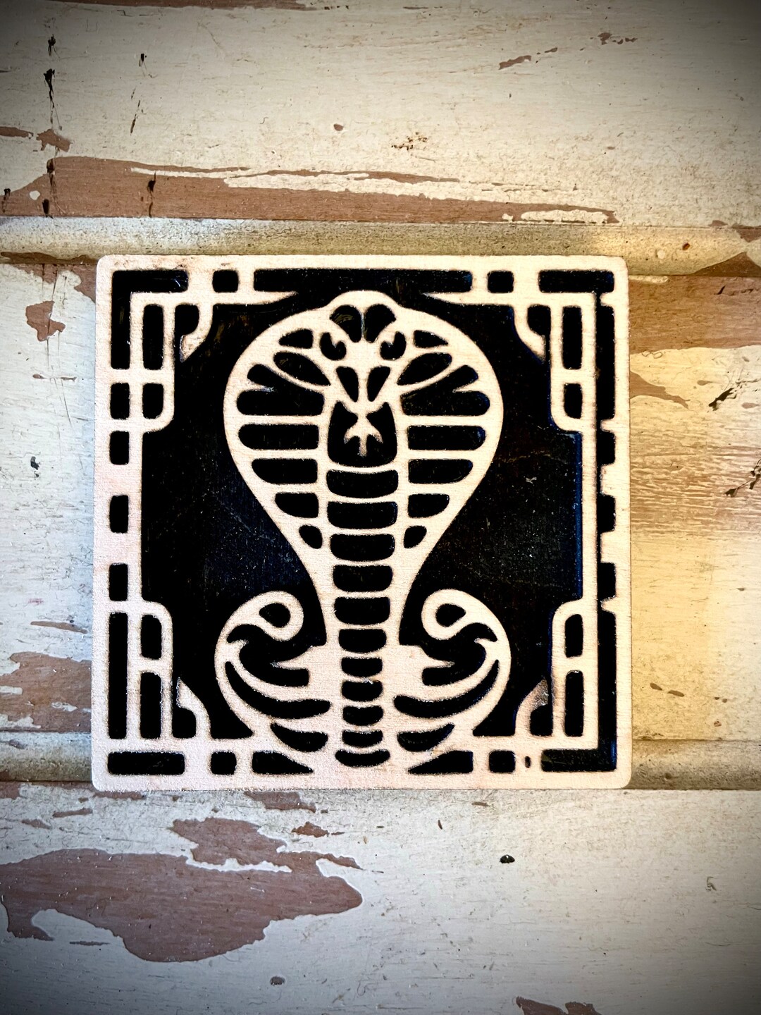Boho Modern Art Deco Cobra 2-layer Square Wood Art in Magnet or Larger ...