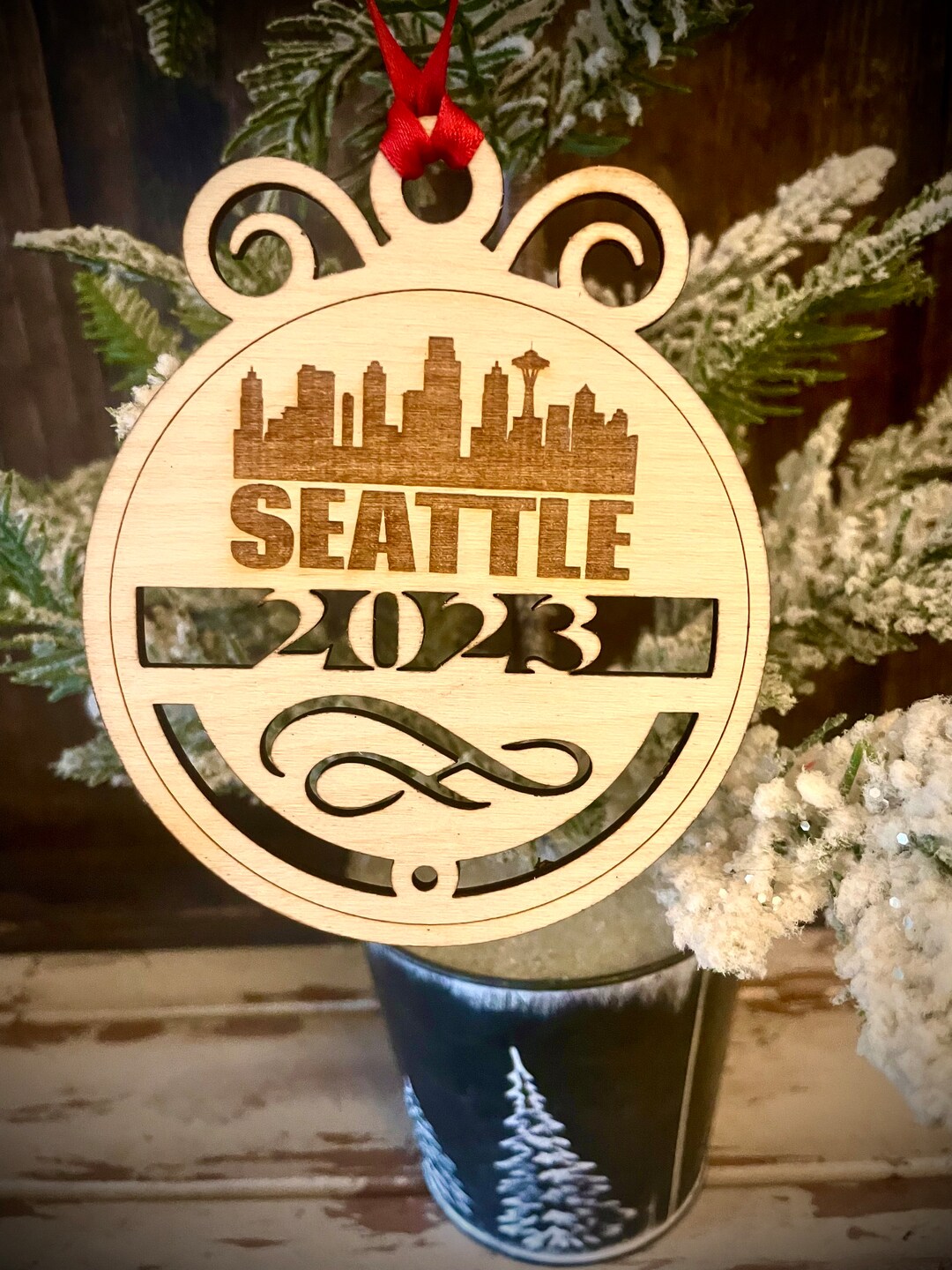 Ornament - Seattle Skyline Cityscape. 4" X 4.75" Wood Ornament With ...