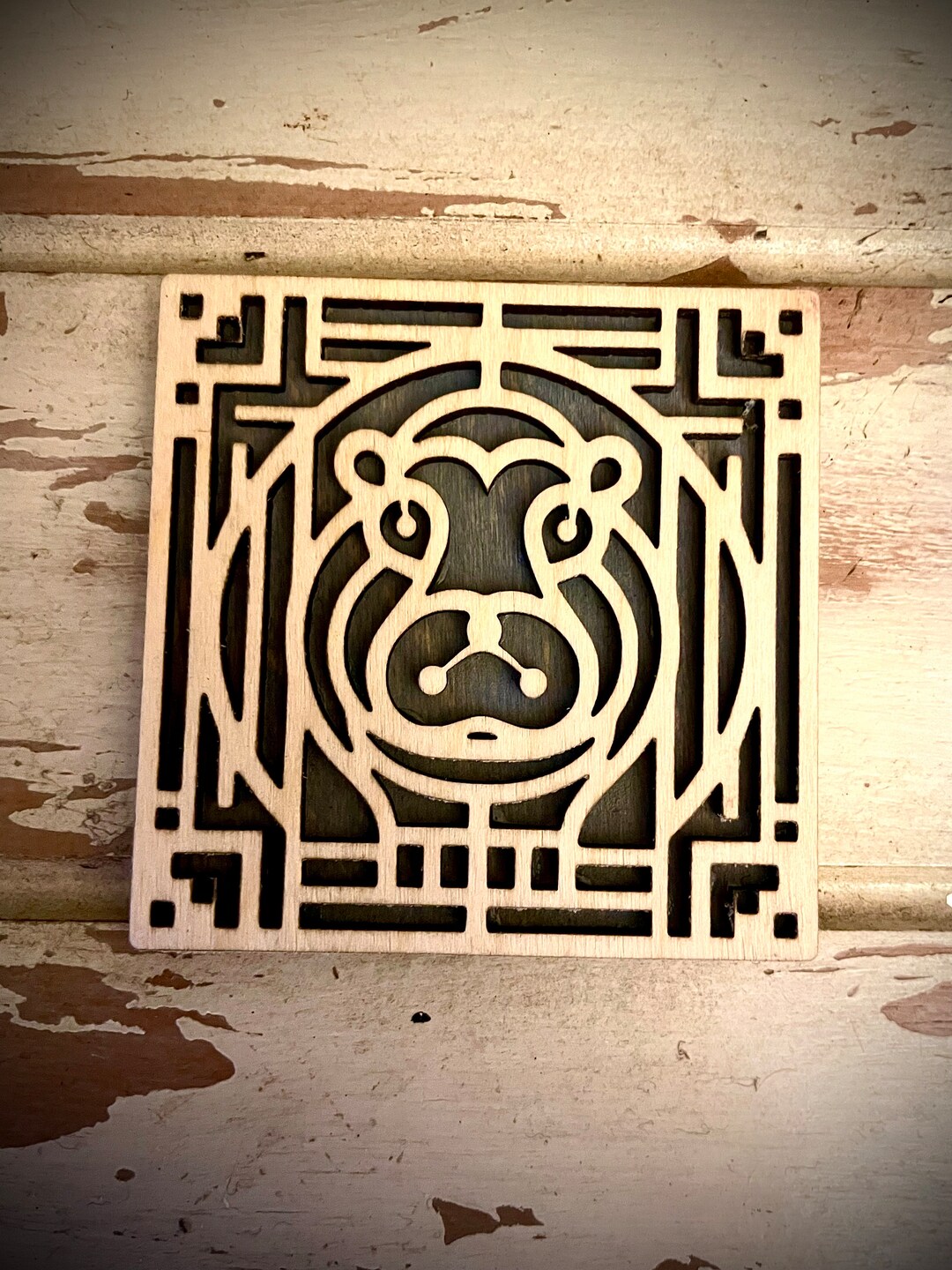 Boho Modern Art Deco Hippo - Hippopotamus 2-layer Square Wood Art in ...
