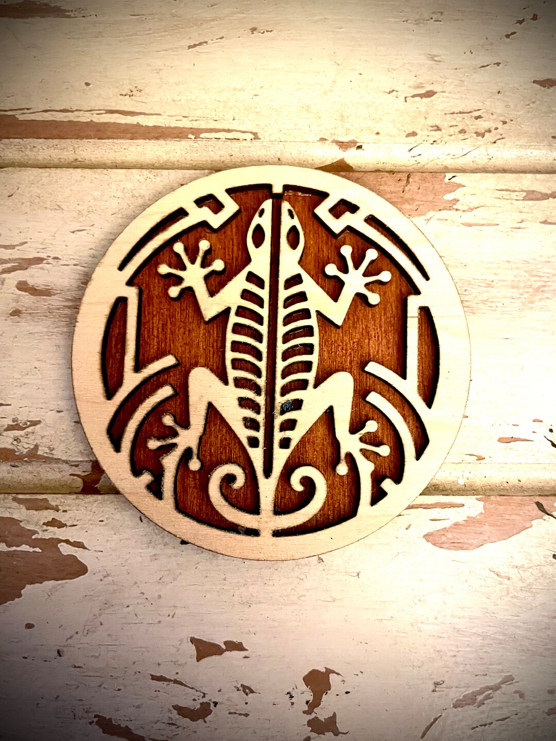 Boho Modern Art Deco Gecko 2-layer Round Wood Refrigerator Magnet in ...