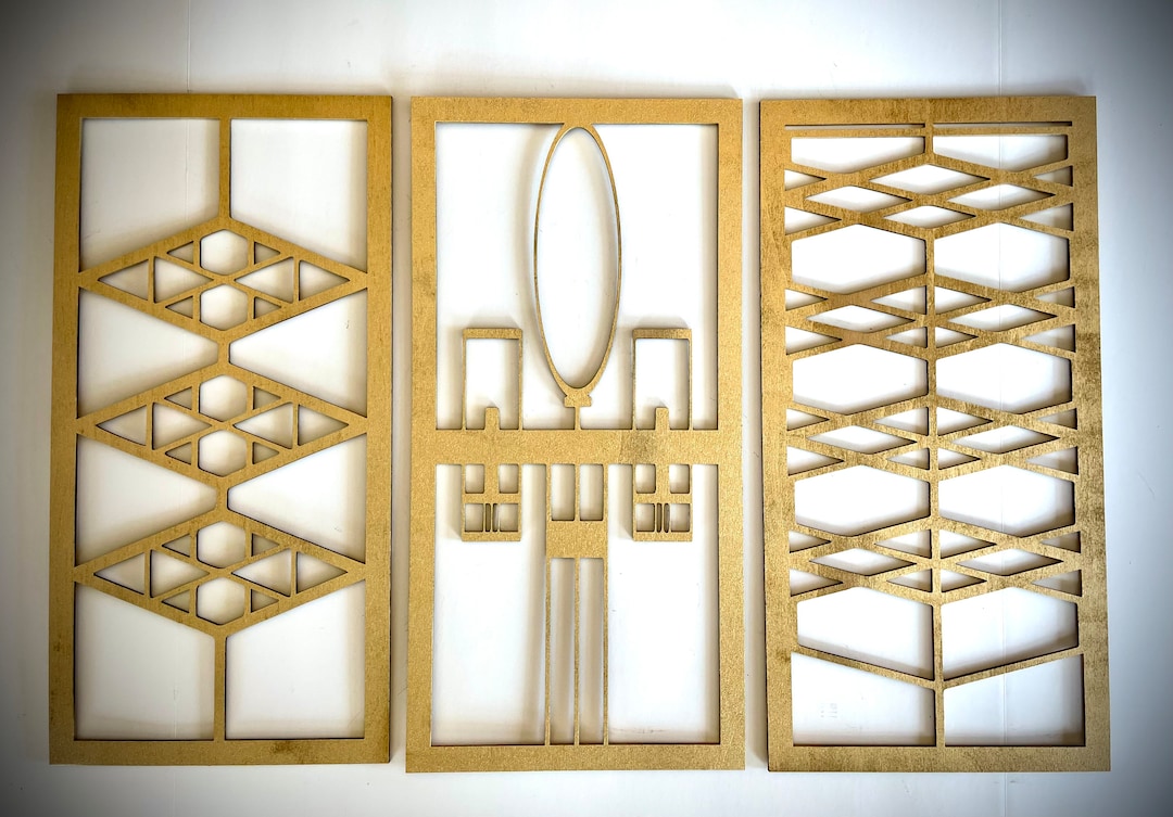 Boho Modern Frank Lloyd Wright-inspired Art Deco Framed Icons Wood Wall Art, 3 Panel in Multiple ...